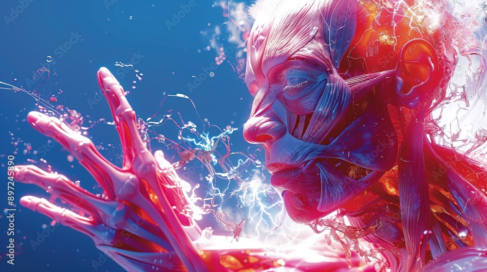 Muscular System with Nerve Impulses. Detailed artistic representation ...