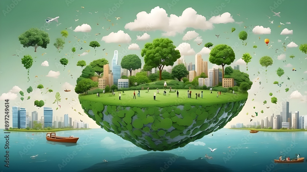 notion of a sustainable ecosystem. The picture shows how people are ...