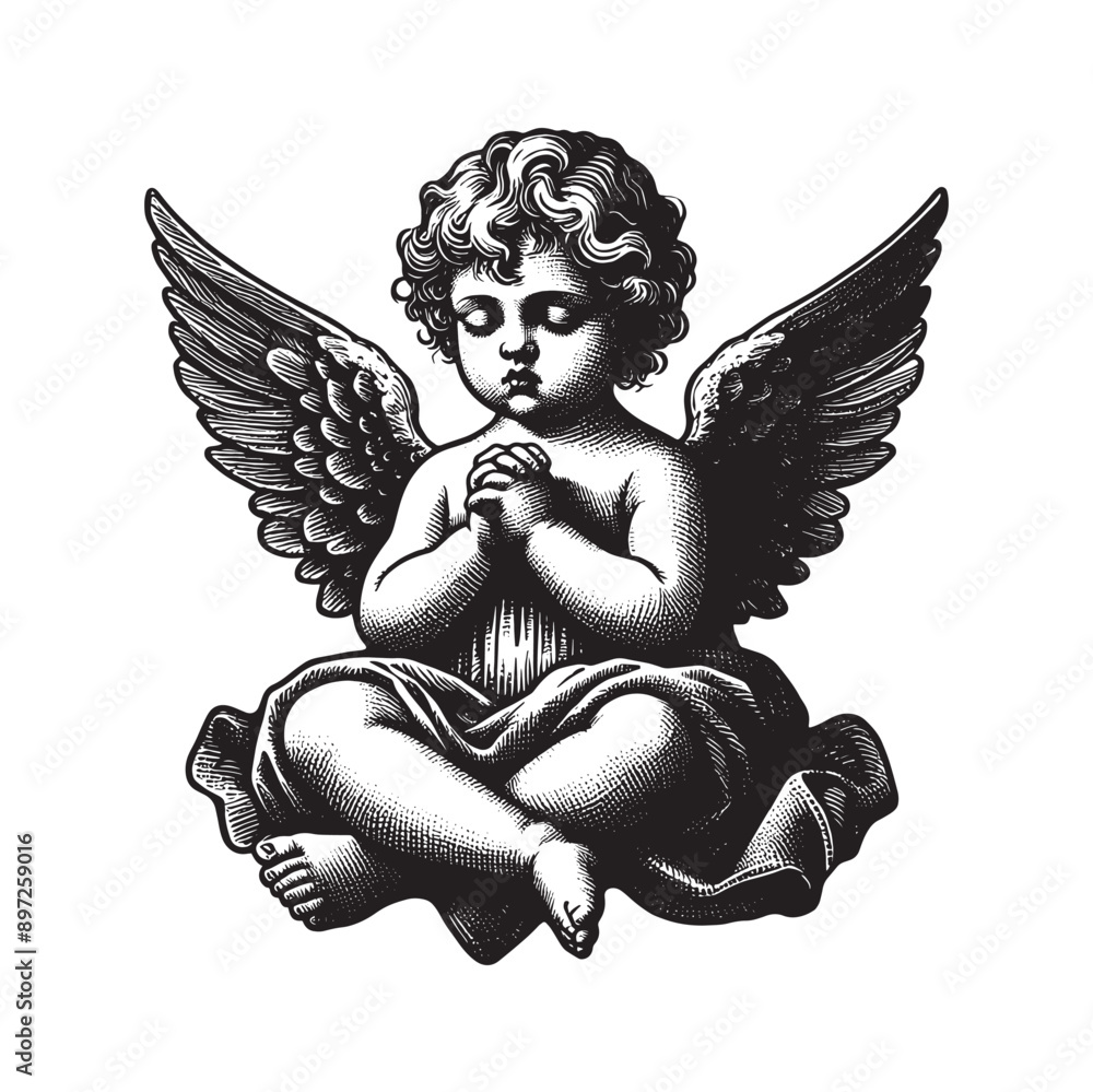 Praying little cute baby angel. vintage engraving black outline ...