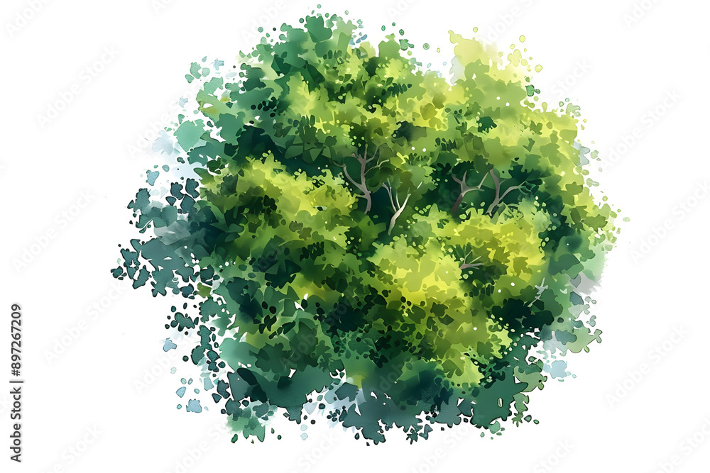 Vector drawing of isolated watercolor tree viewed from above on white ...