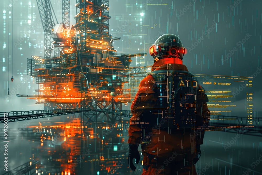 Offshore oil rig with engineer examining robotic arms under a digital ...