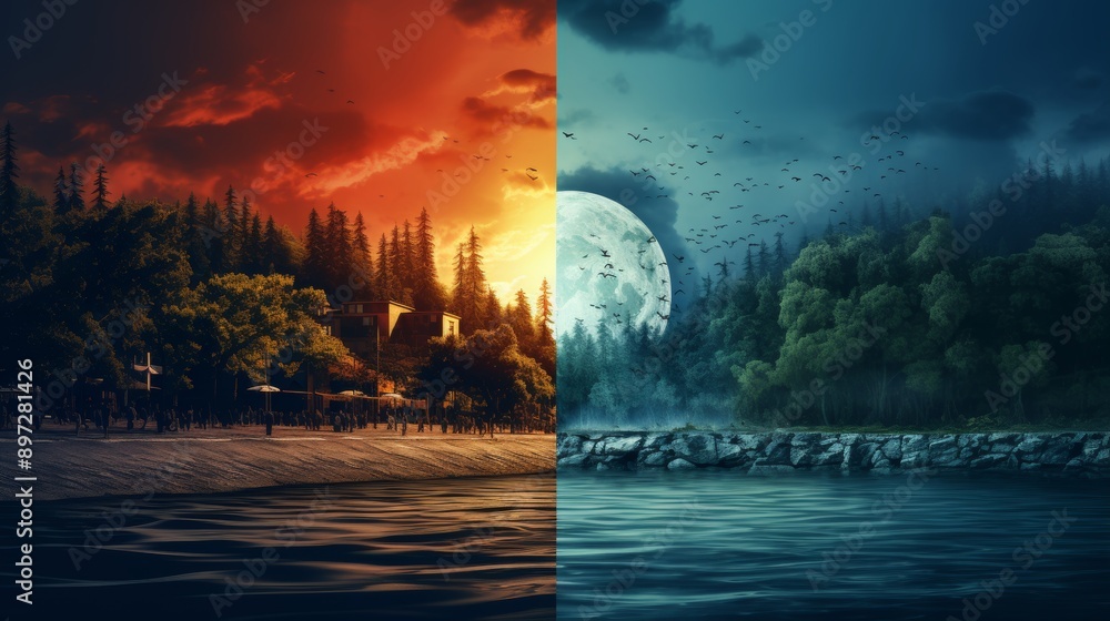 Climate change timeline banner contrasting summer and winter seasons ...