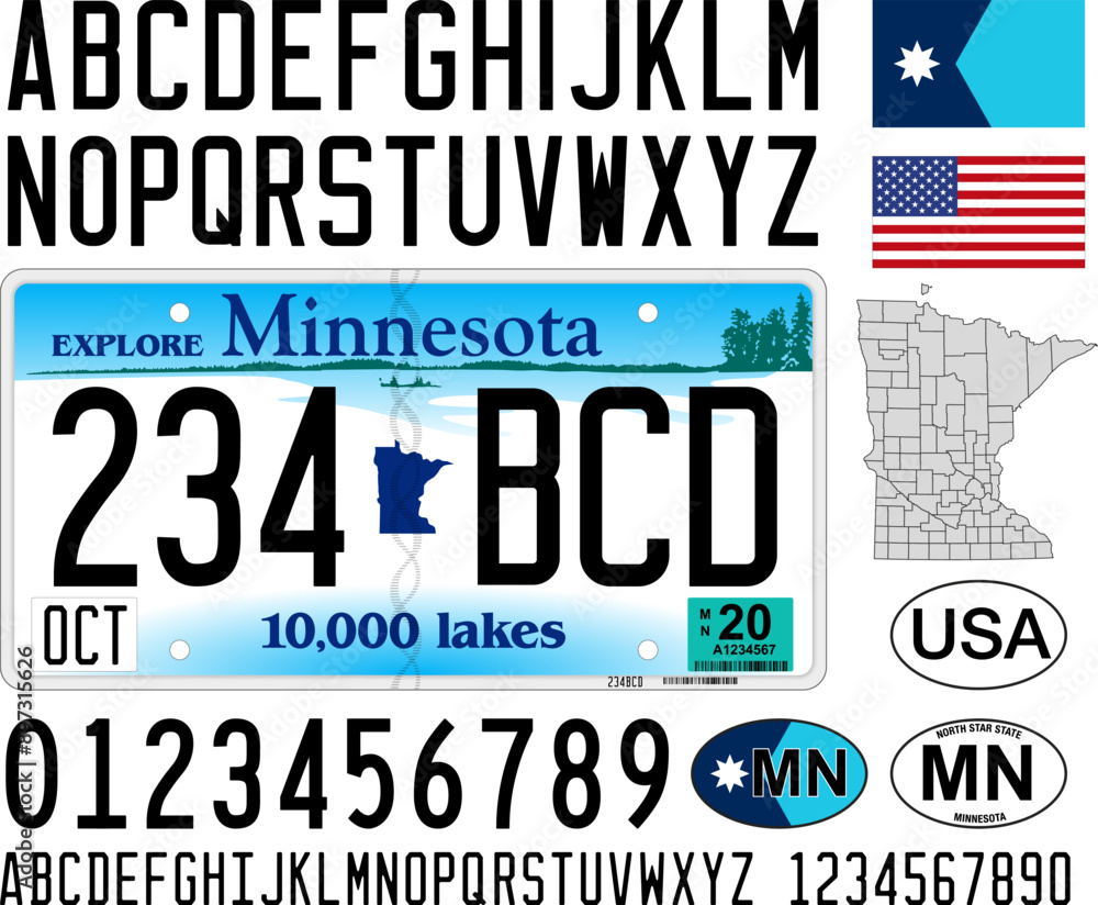 Minnesota car license plate, letters, numbers and symbols, vector ...