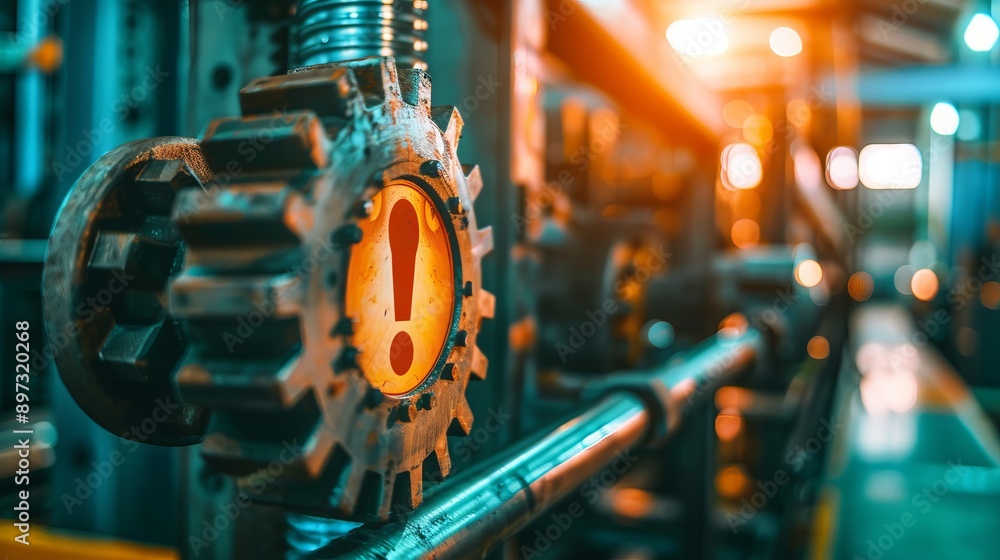 Industrial warning sign on gear. A cautionary image of an exclamation ...