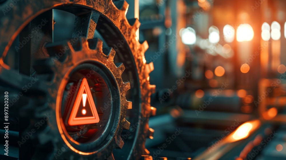 Industrial warning sign on machinery. An illuminated caution symbol ...