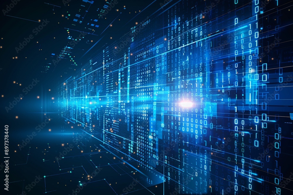 Digital background featuring blue glowing binary code and data flowing ...