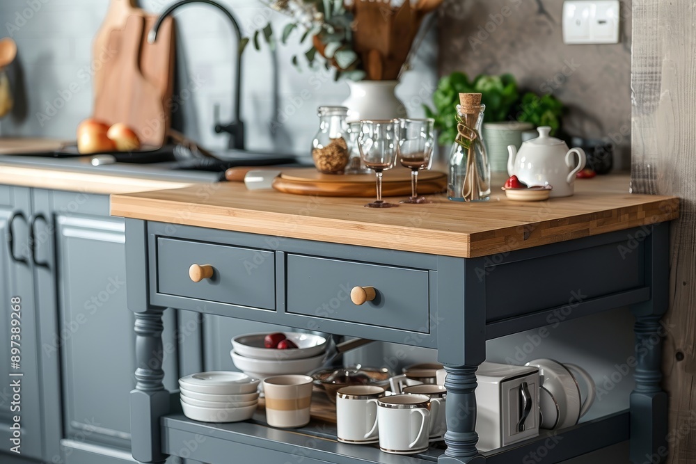 Gray kitchen cart with drawers, shelf, and oak top, featuring wine ...