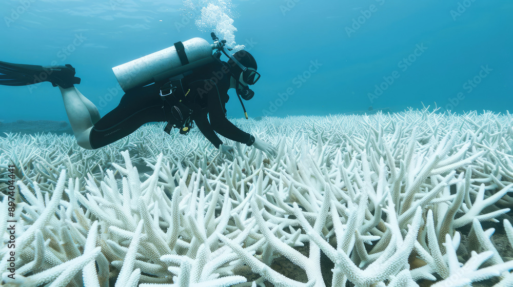 Scuba diver examines bleached coral reef underwater, highlighting the ...