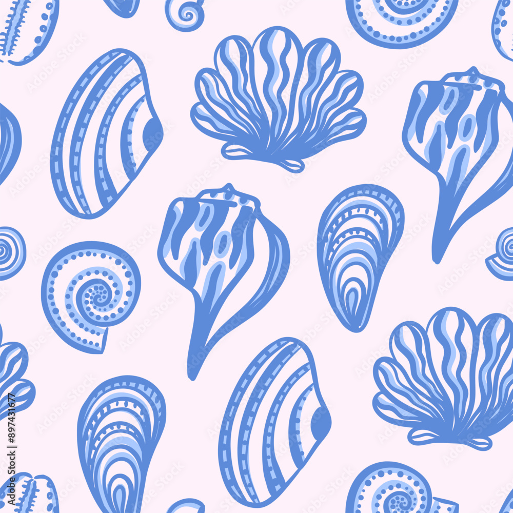 Seamless vector pattern of blue abstract seashells in hand drawn style ...