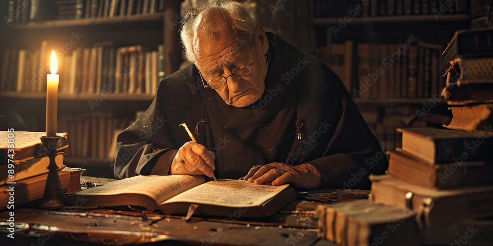 Clergy's Calligraphy: An elderly priest, writing with quill and ink at ...