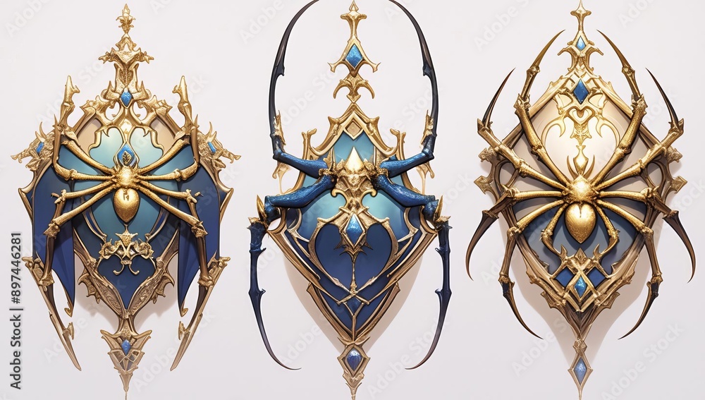 concept art of three different types of golden and blue spider-shaped ...