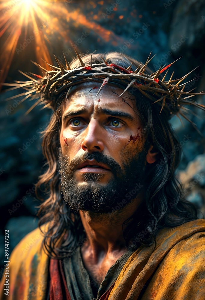 Jesus Christ wearing a crown of thorns. Biblical Resurrection of Jesus ...