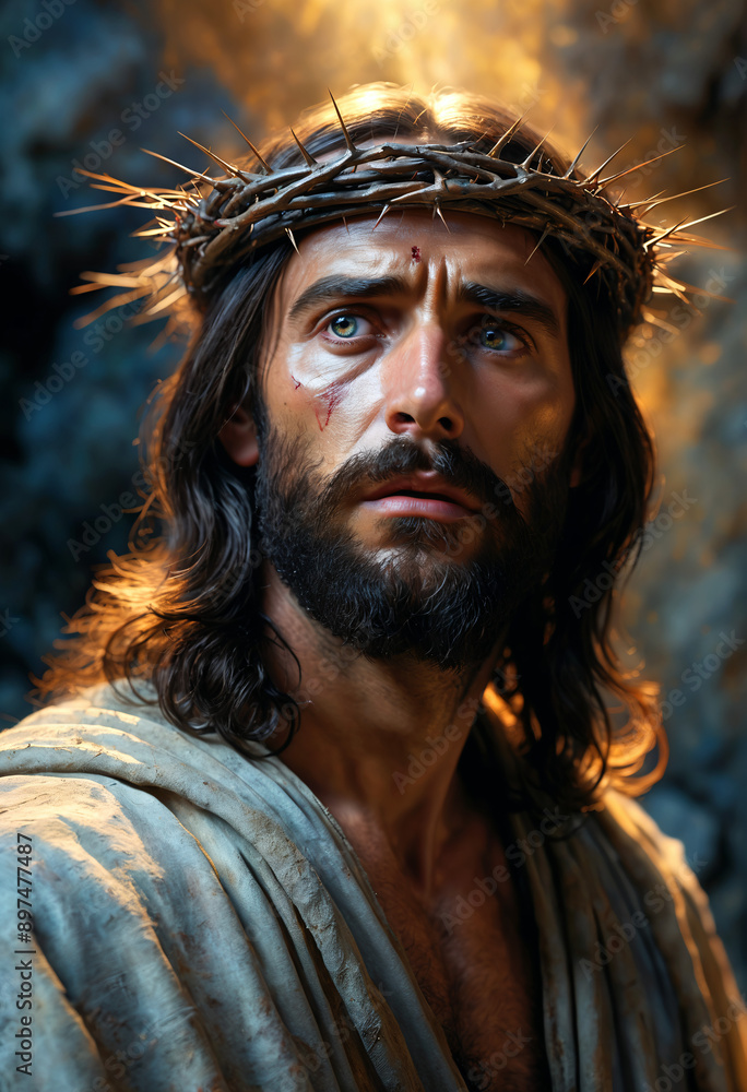 Jesus Christ wearing a crown of thorns. Biblical Resurrection of Jesus ...