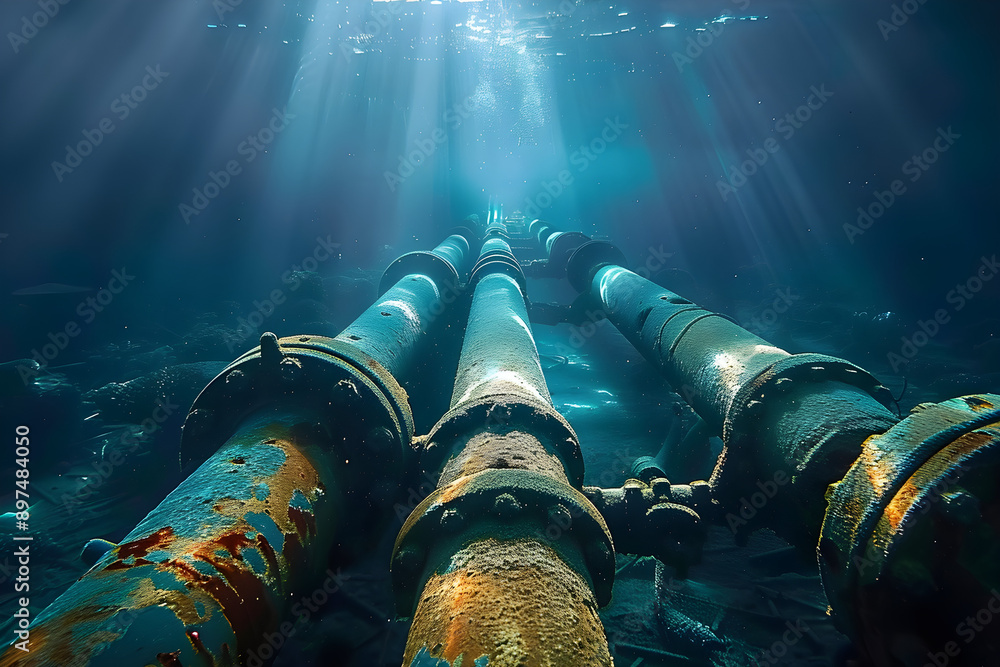 Underwater oil and gas pipeline, subsea equipment visualization, metal ...