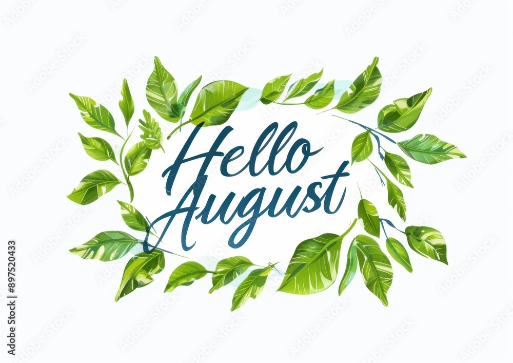 The word "Hello August" in cursive font, with green leaves on the ...