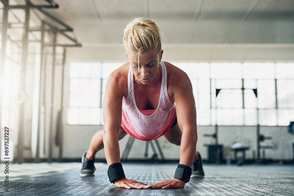 Woman, pushup and floor for fitness in gym with strength training, core ...