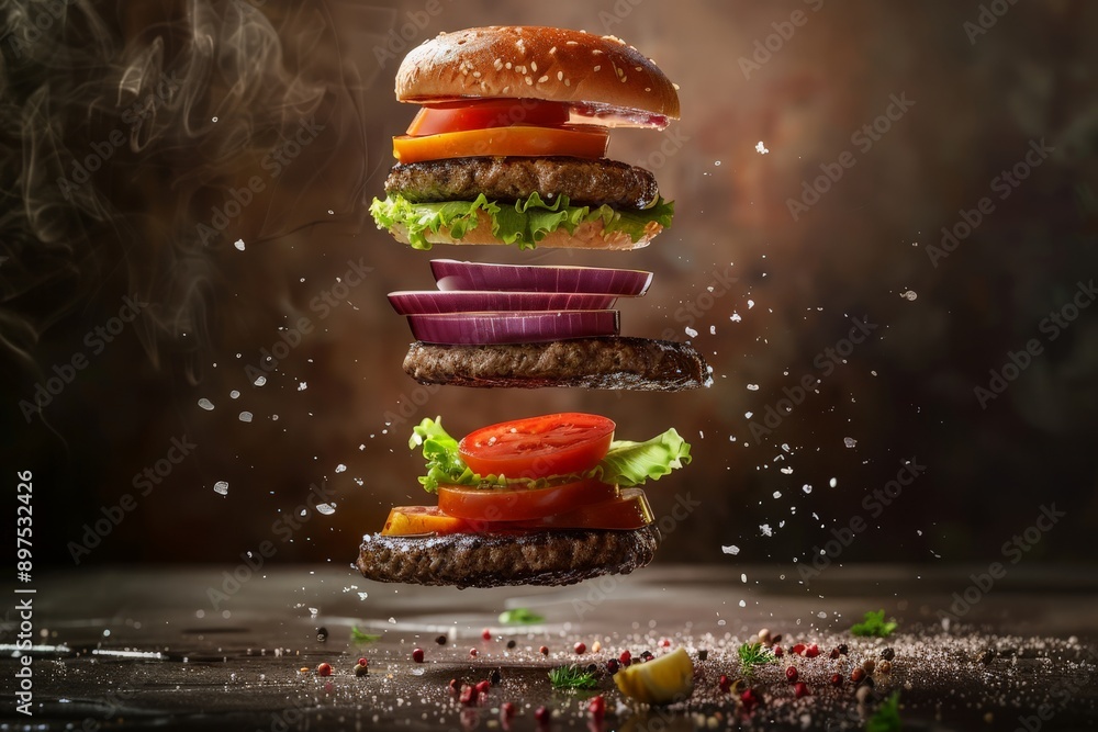 Creative horizontal banner of floating hamburger broken into components ...