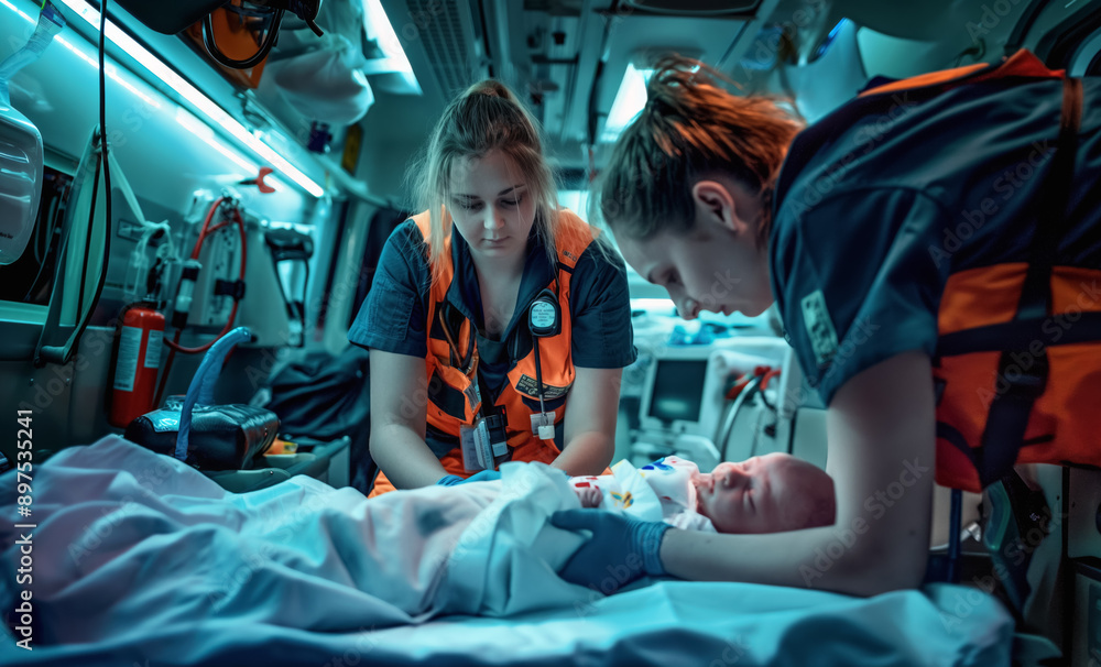 Two women in orange uniforms assisting baby patient in ambulance van ...