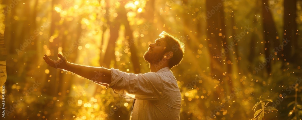 Man praying with open arms in a forest, sunlight filtering through ...