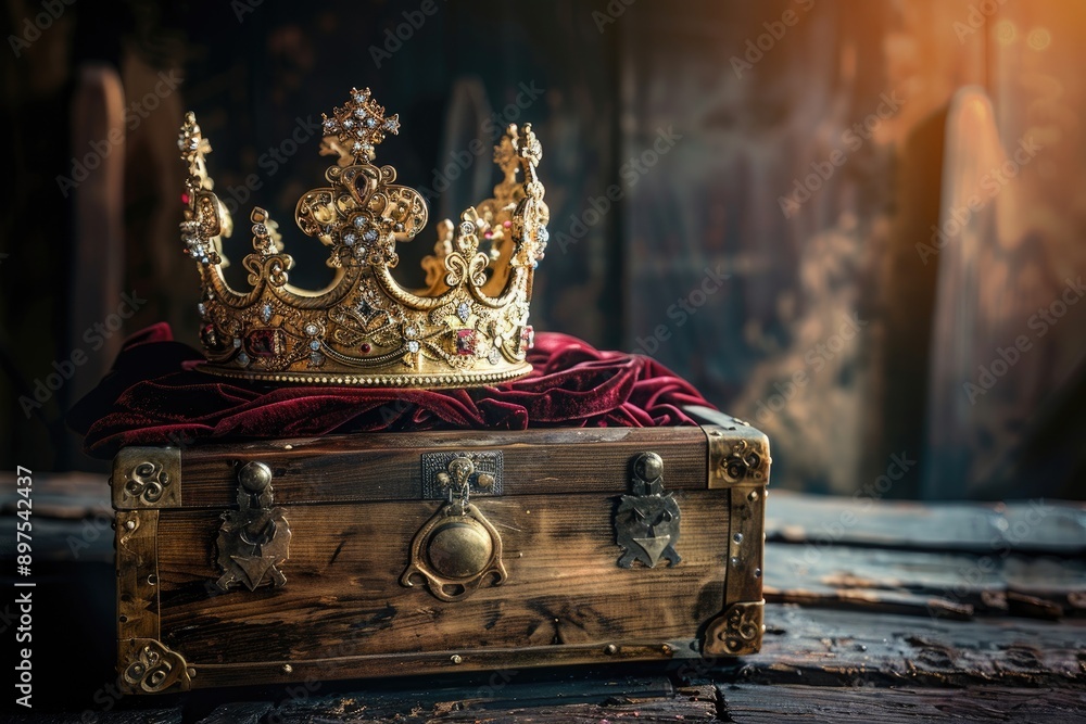 Vintage filtered low key image of a beautiful crown and treasure chest ...