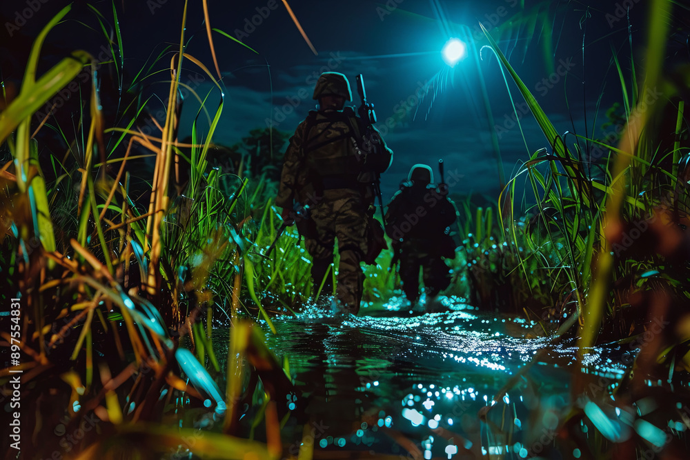 Soldiers move in the heart of a marsh, crossing swampy waters, tropical ...