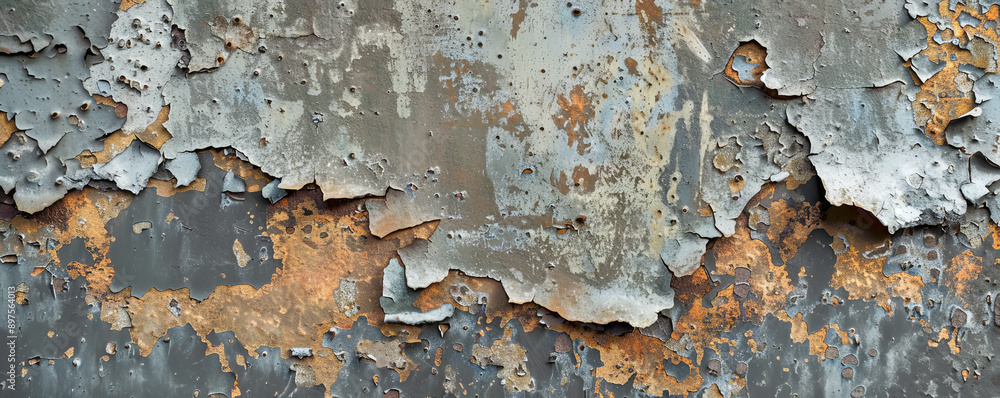 A worn-out metal background with layers of peeling paint and deep, aged ...