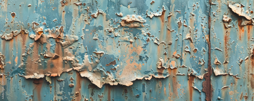 A worn-out metal background with layers of peeling paint and deep, aged ...