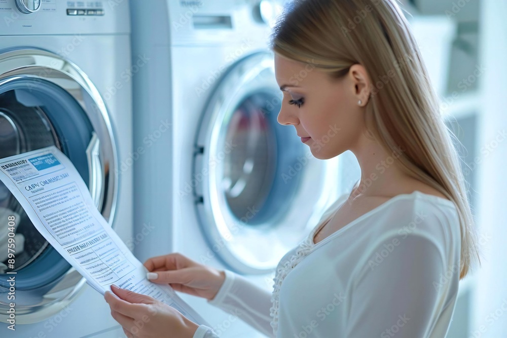 Beautiful person reading washing instructions on a clothing label ...
