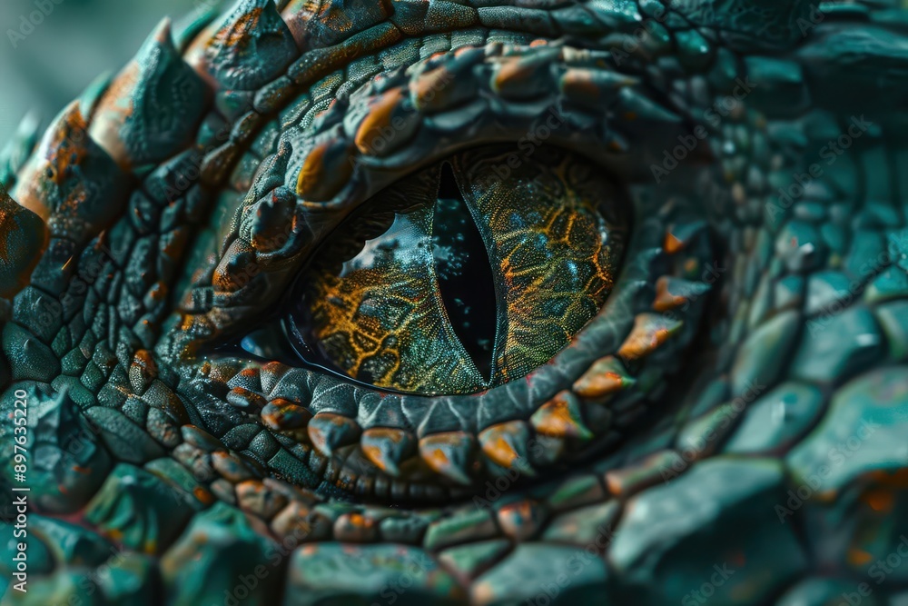 extreme closeup of a dragons eye vibrant emerald scales surrounding a vertical slit pupil ...
