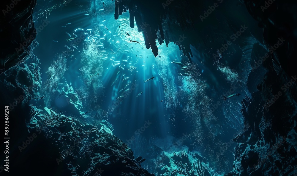 Uncanny underwater cave, bioluminescent creatures dance in azure waters ...