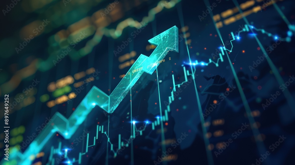 Jade sharp arrow moving up a financial graph, dark background, high ...