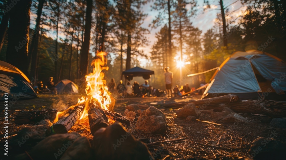 Atmospheric campfire shot with tents during golden hour, sun low in sky ...