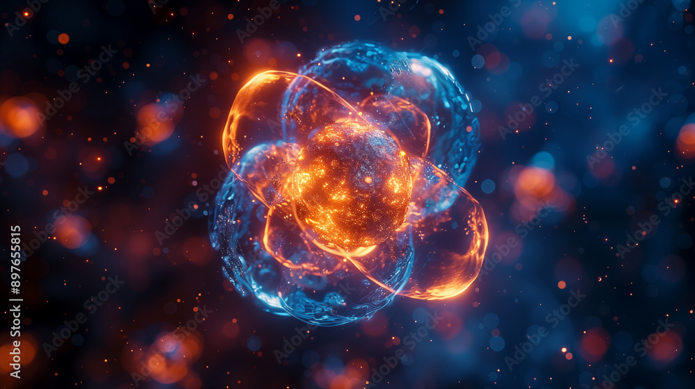 Conceptual Rendering Of An Atom With Glowing Orange Nucleus And Blue