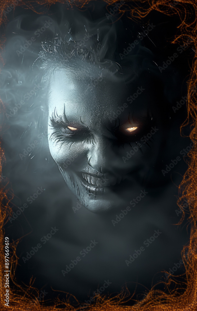 the focus on the head and face of an obsessive spirit smiling subtly in ...