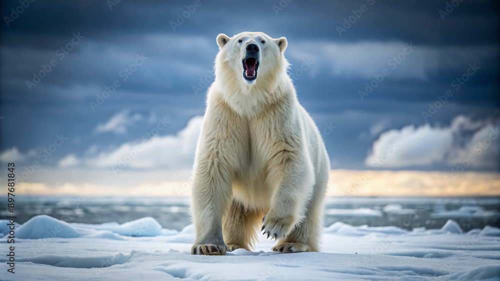 Fierce polar bear standing on hind legs, mouth open in a powerful roar ...
