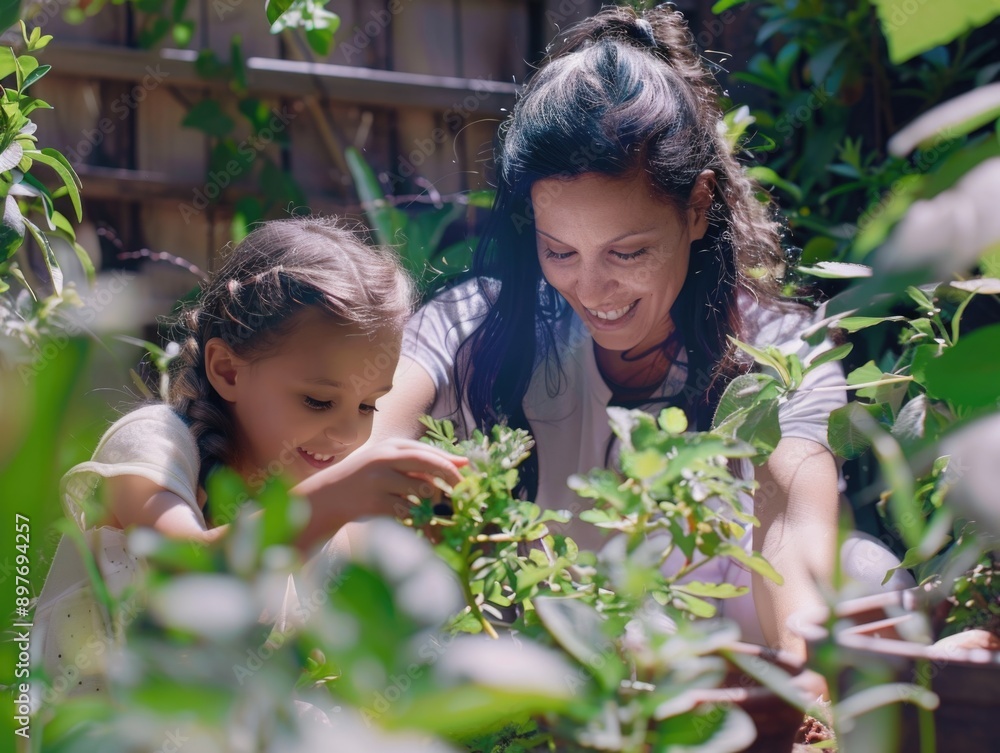 Mother and daughter planting herbs in a small backyard garden ...