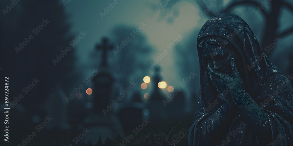 Stone statue in a cemetery surrounded. Sad grieving angel in graveyard ...