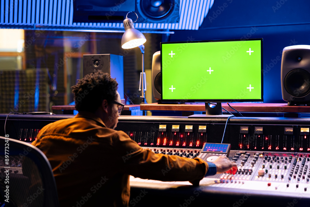 Music engineer working on mockup pc and mixing console with various ...