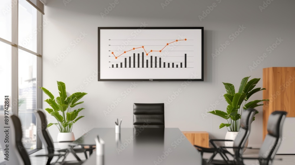 A sophisticated executive office with a wall-mounted digital display of ...