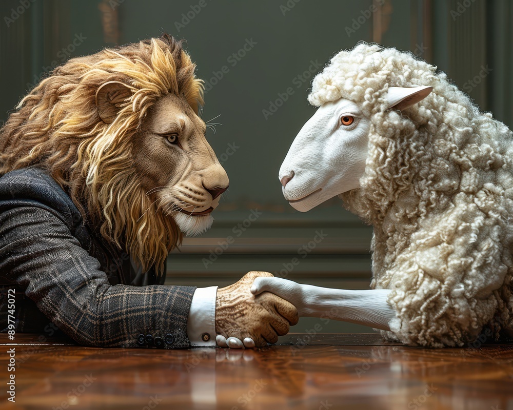 Courage and Meekness in Business: Lion-headed Businessman Shaking Hands ...