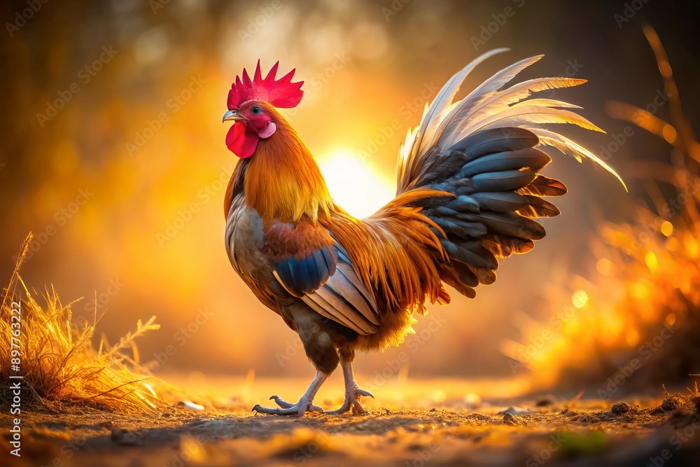 Vibrant rooster in mid-strut, feathers fluffed, wings spread wide, bold ...