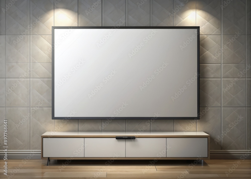 Modern sleek wide flat screen TV mounted on a wall, displaying a blank ...