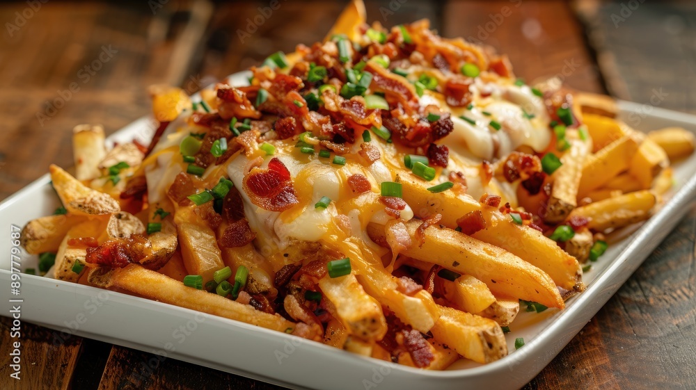 Crispy fries loaded with melted cheese, bacon, and green onions Stock ...