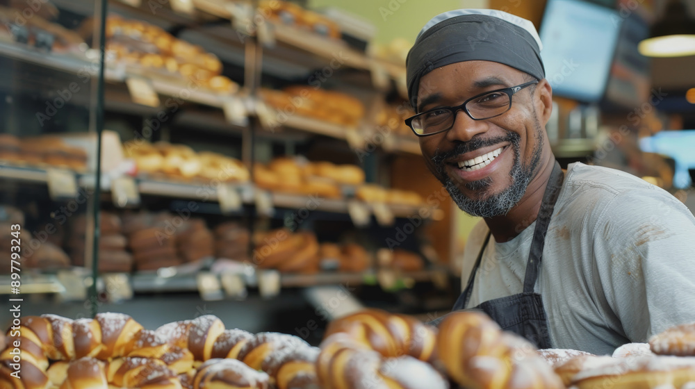 Candid photo of a neighborhood bakery owner with breads and his baked ...