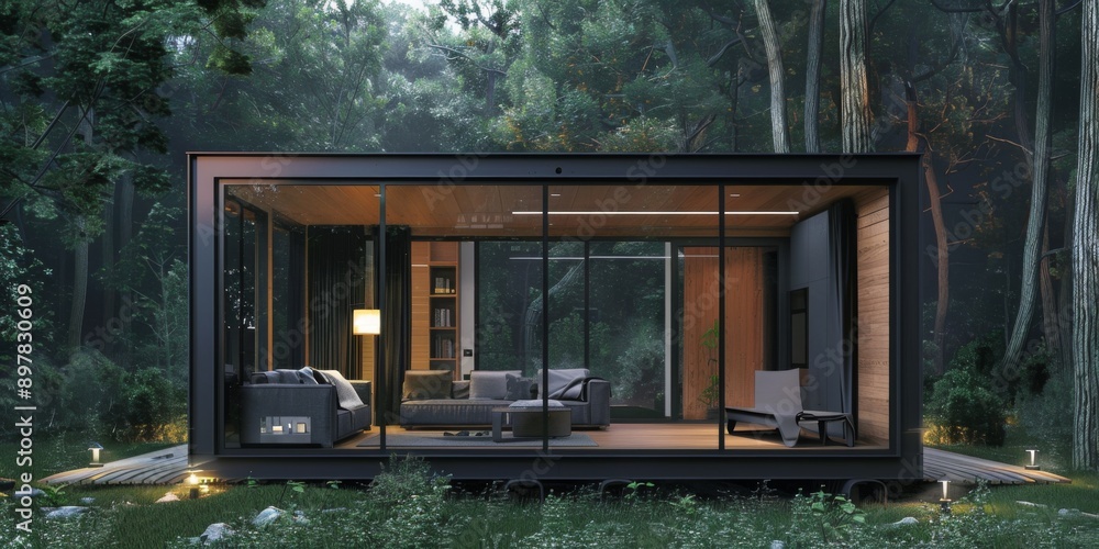 Innovative prefab tiny home, glass walls, cozy interior with ...