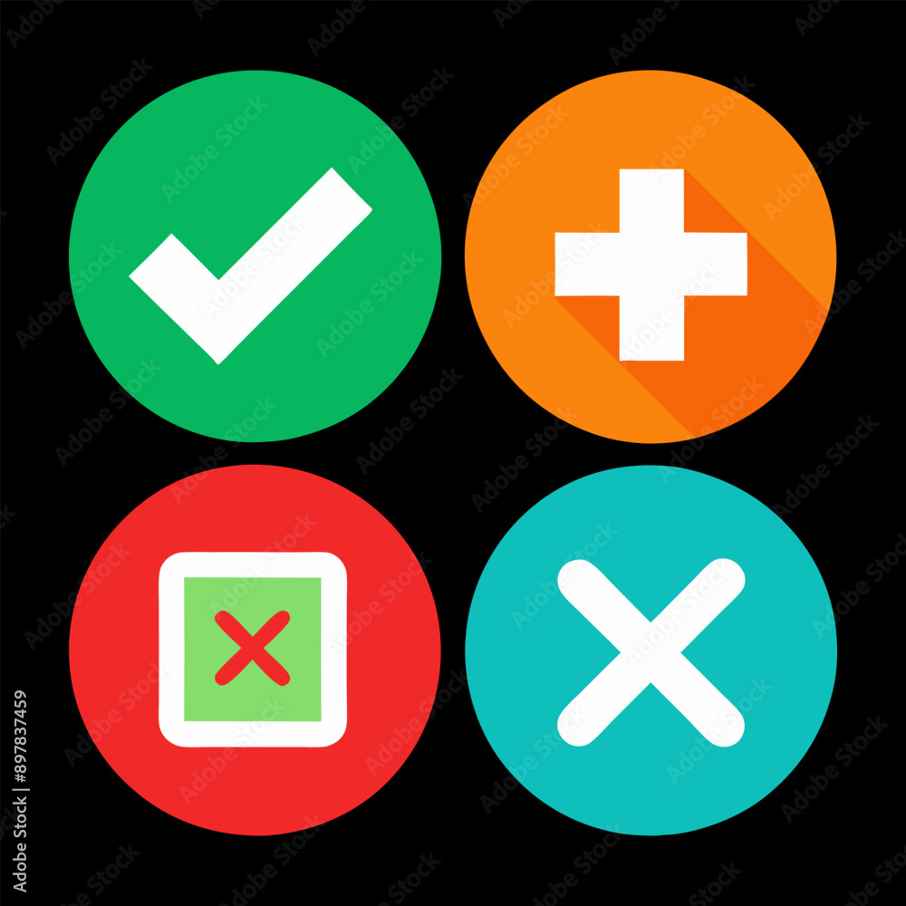 Green check mark and red cross icon set. Circle and square. Tick symbol in green color, vector ...