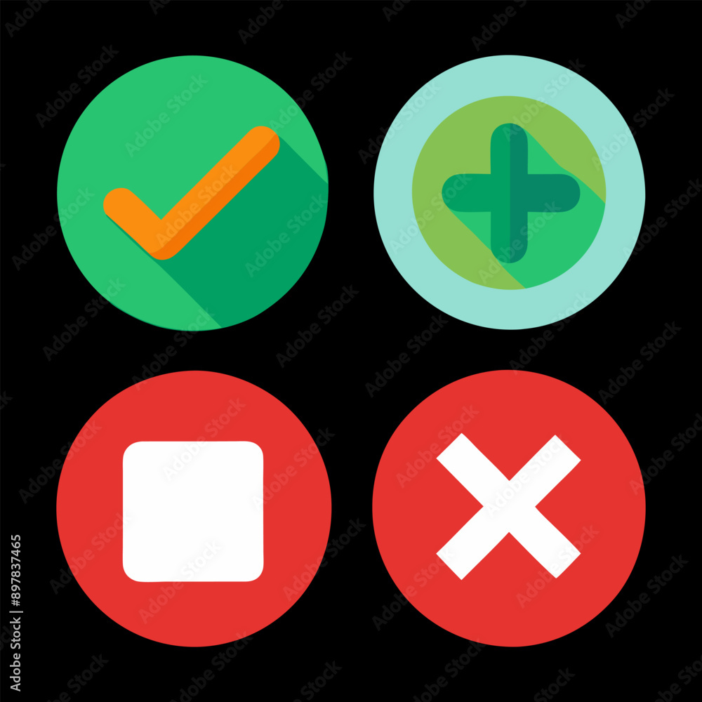 Green check mark and red cross icon set. Circle and square. Tick symbol in green color, vector ...