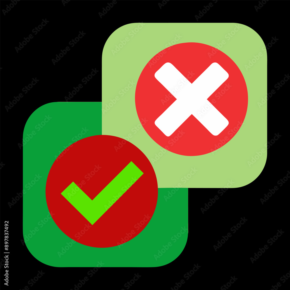 Green check mark and red cross icon set. Circle and square. Tick symbol in green color, vector ...