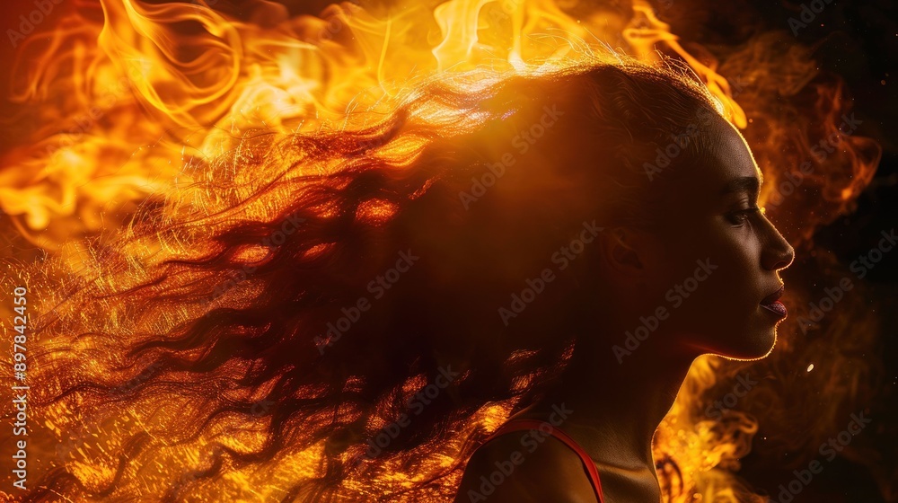 Fiery beauty woman with long hair and flames in front of black ...