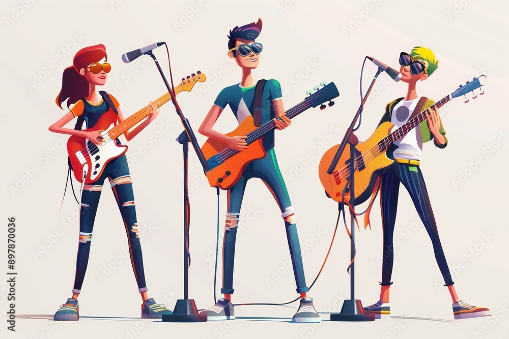 Male and female musicians characters with guitars and microphones ...